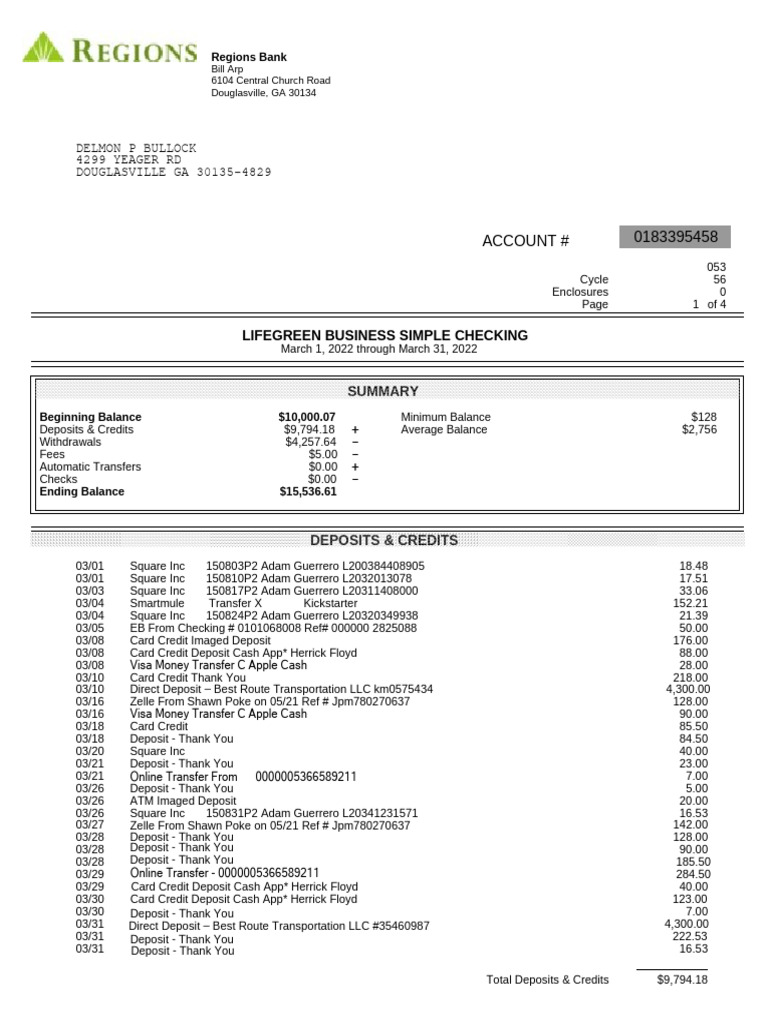 Region Statement Bussiness MARCH | PDF | Debit Card | Deposit Account