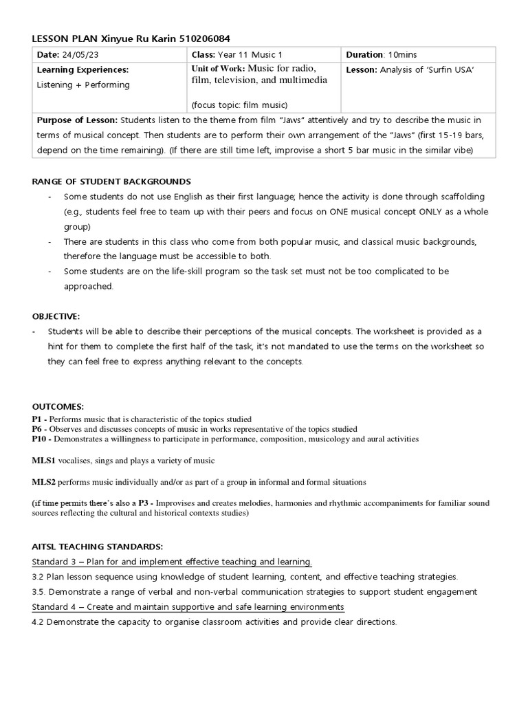 Lesson Plan Jaws | PDF | Teachers | Nonverbal Communication