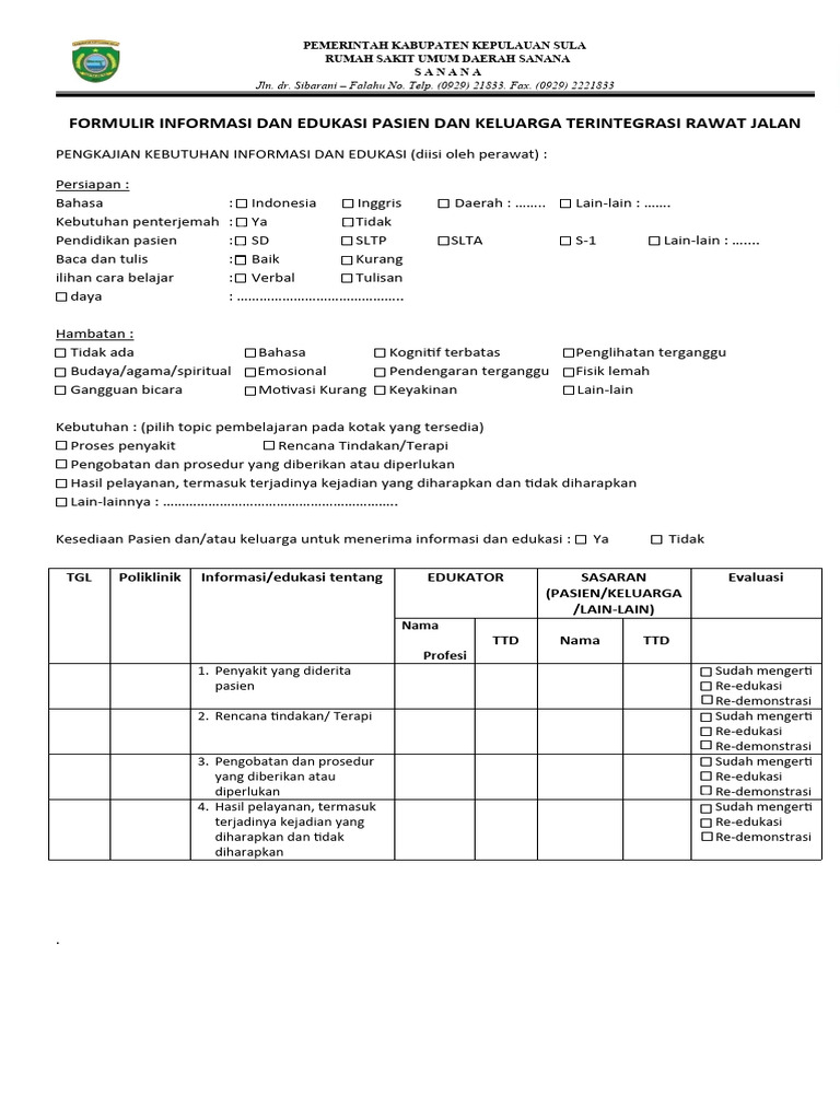 Formulir Informasi Dan Edukasi Pasien Dan Keluarga Terintegrasi Rawat ...