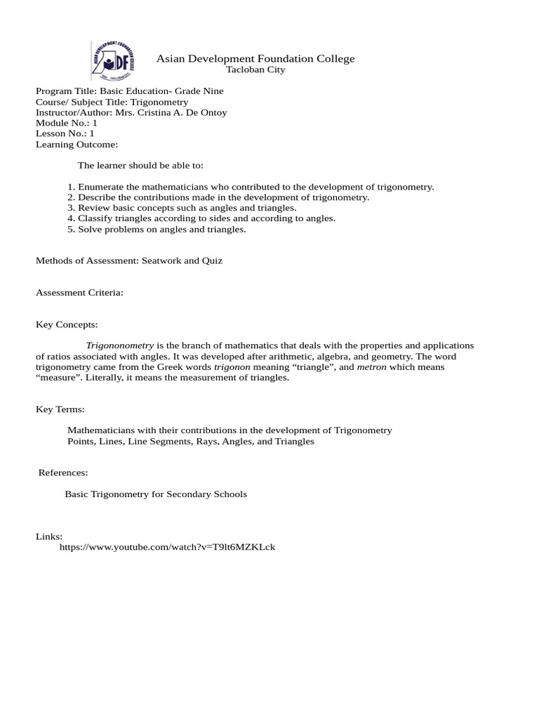 Module In Trigonometry Final Pdf