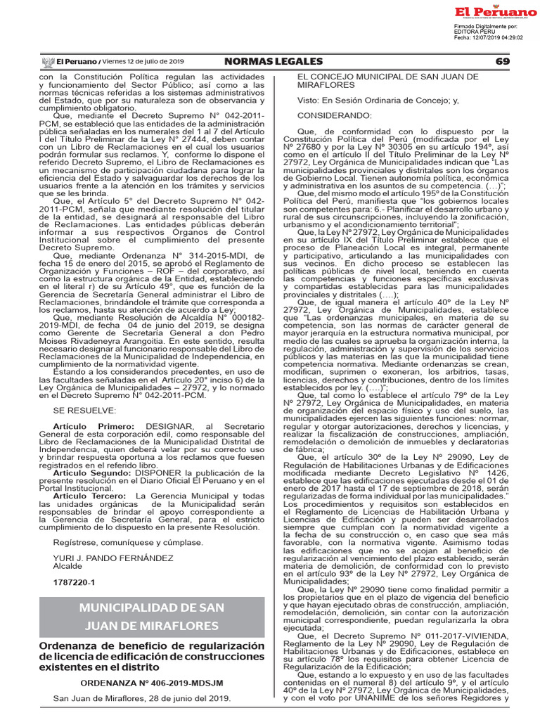 Diario Oficial El Peruano | PDF | Gobierno local | Perú