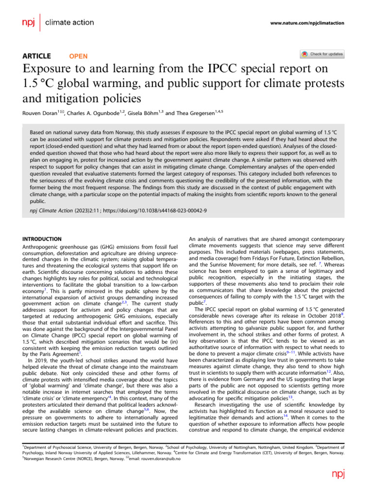 2023 - NPJ Climate Action - Doran Et Al. - Exposure To and Learning ...