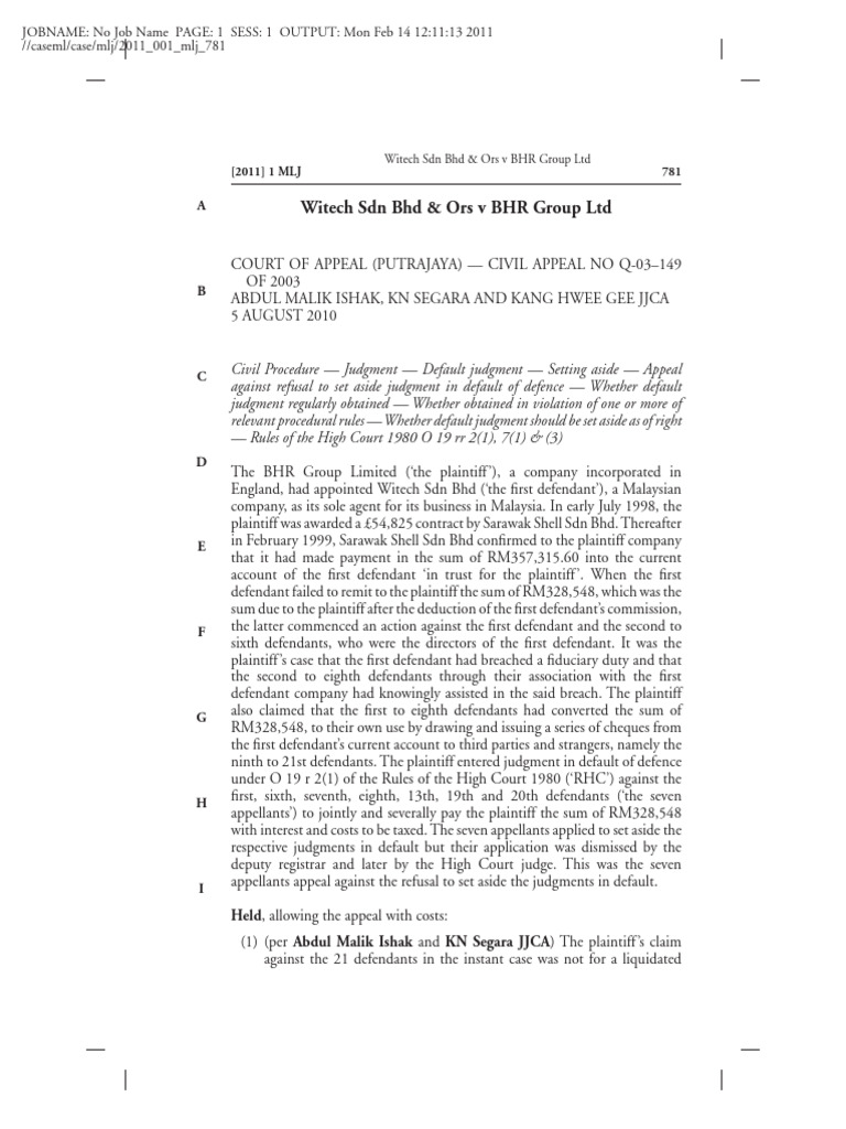 Appeal on Default Judgment: BHR Group Case | PDF