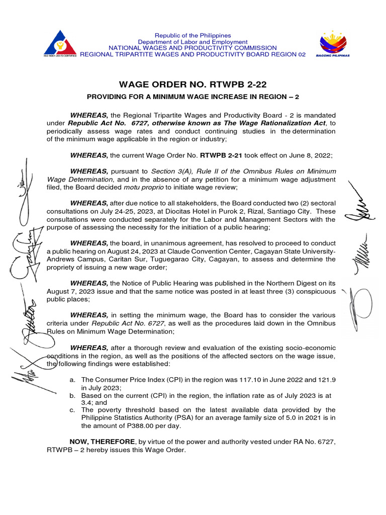 Wage Order No. RTWPB 2 22 | PDF | Employment | Minimum Wage