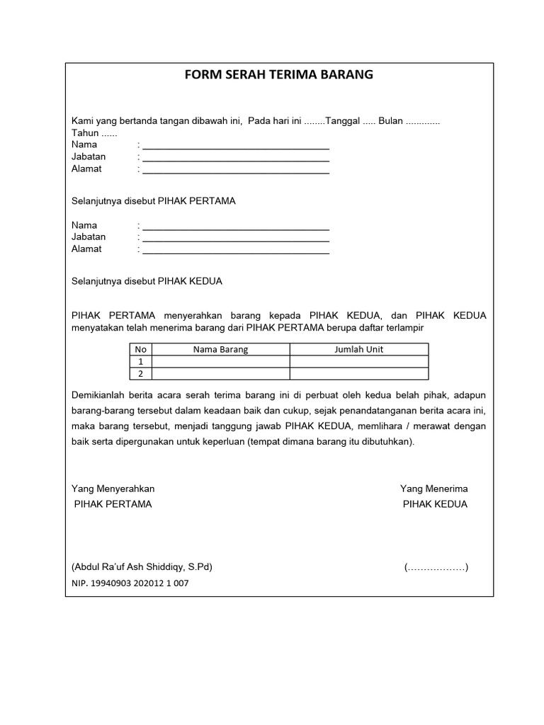 Form Serah Terima Barang Docx | PDF | Pengelolaan Keuangan & Uang | Hukum