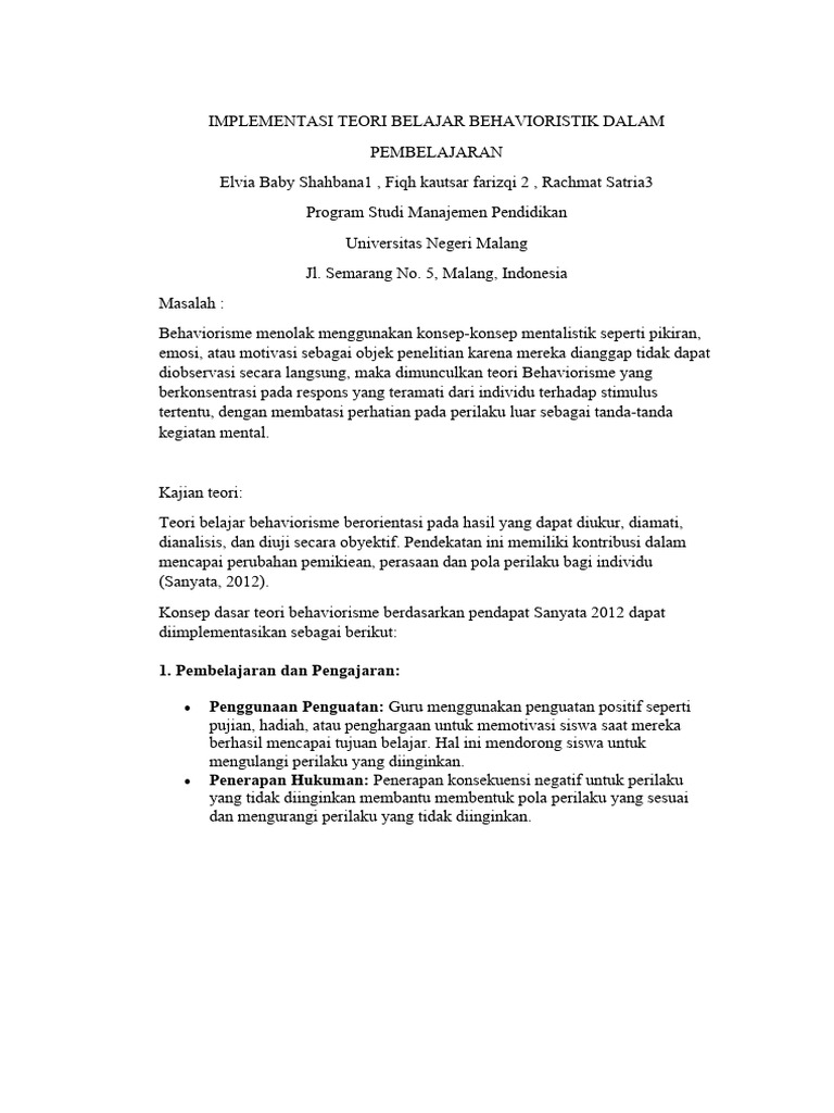 Contoh Review Jurnal Implementasi Teori Belajar Behavioristik Dalam | PDF