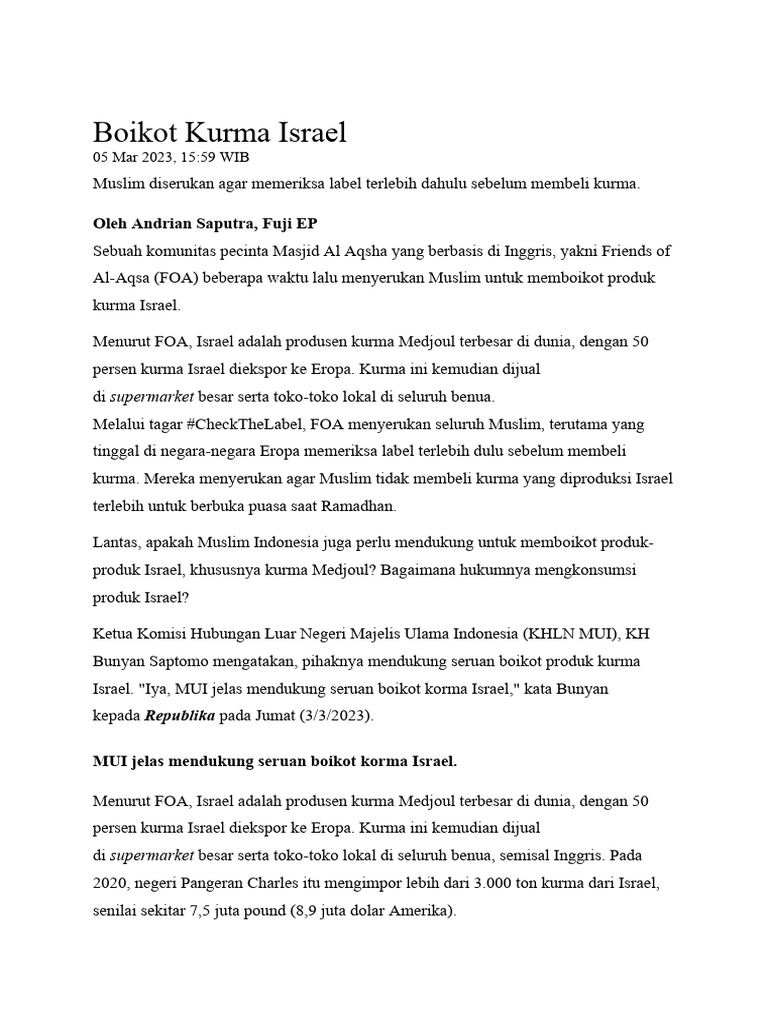 Boikot Kurma Israel | PDF