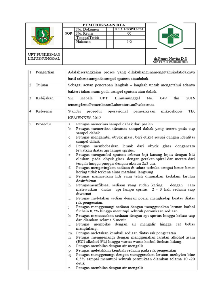 8.1.1.1 SOP Pemeriksaan BTA | PDF