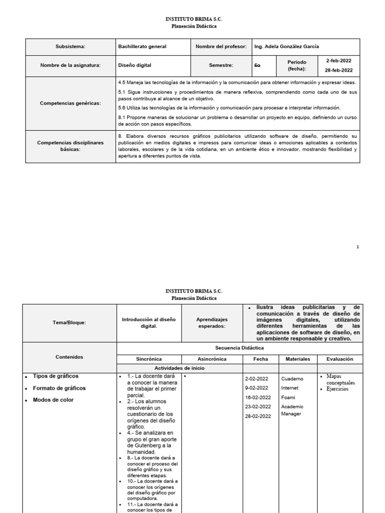 Planeación 1a Febrero Diseño Digital | PDF | Diseño | Diseño gráfico