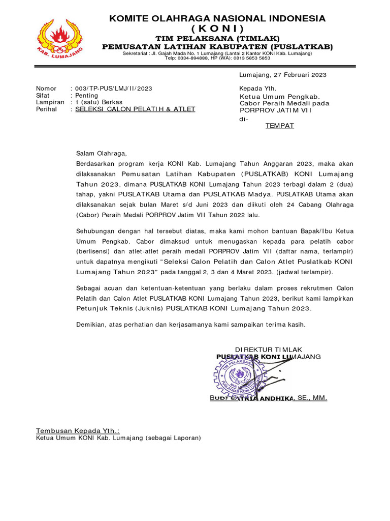 Seleksi Pelatih & Atlet Puslatkab KONI 2023 | PDF