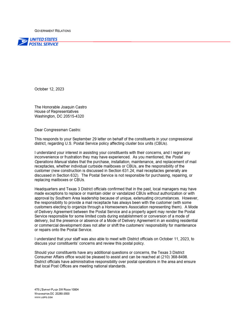 Rep. Castro's Letter To USPS | PDF | United States Postal Service ...