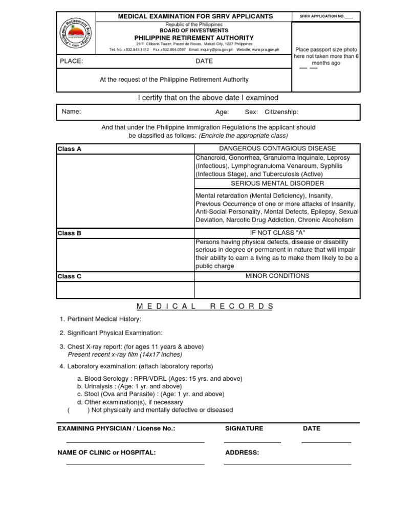Medical Examination for SRRV Applicants | PDF | Physical Examination ...