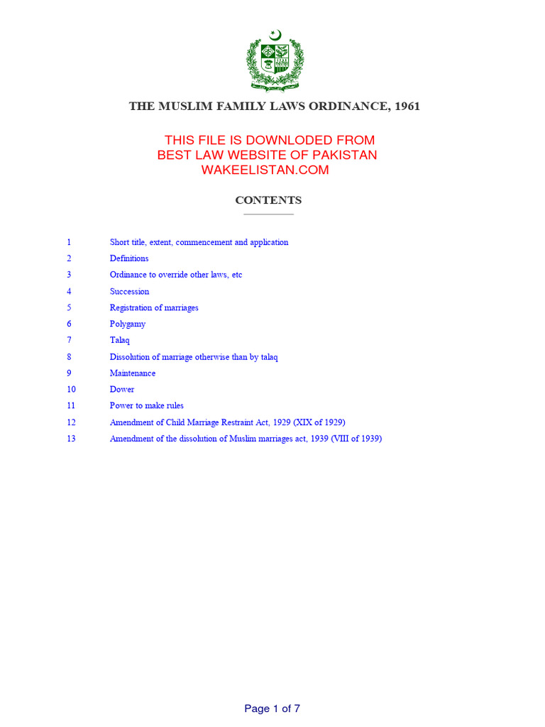 Muslim Family Laws Ordinance 1961 Pdf Marriage Justice