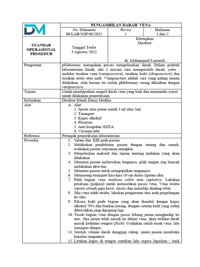 Sop Pengambilan Darah Vena | PDF | Sains & Matematika