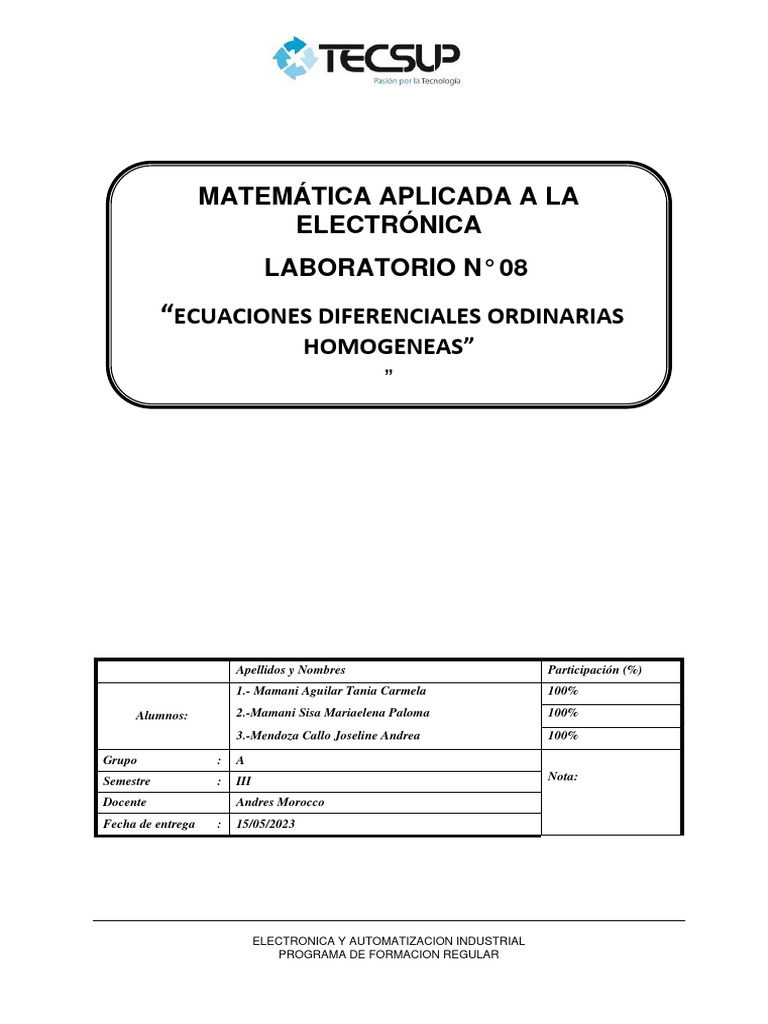 Laboratorio 08 EDO Homogeneas 2023 - 1 | Descargar gratis PDF | Ecuaciones | Ecuaciones ...