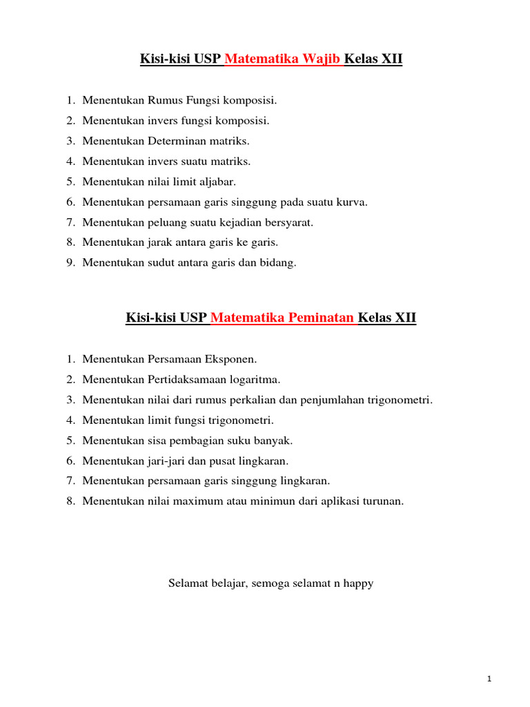 KISI-KISI USP MATEMATIKA Kelas XII | PDF