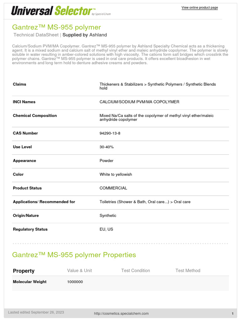 Gantrezâ - MS-955 Polymer - Ashland | PDF | Polymers | Copolymer