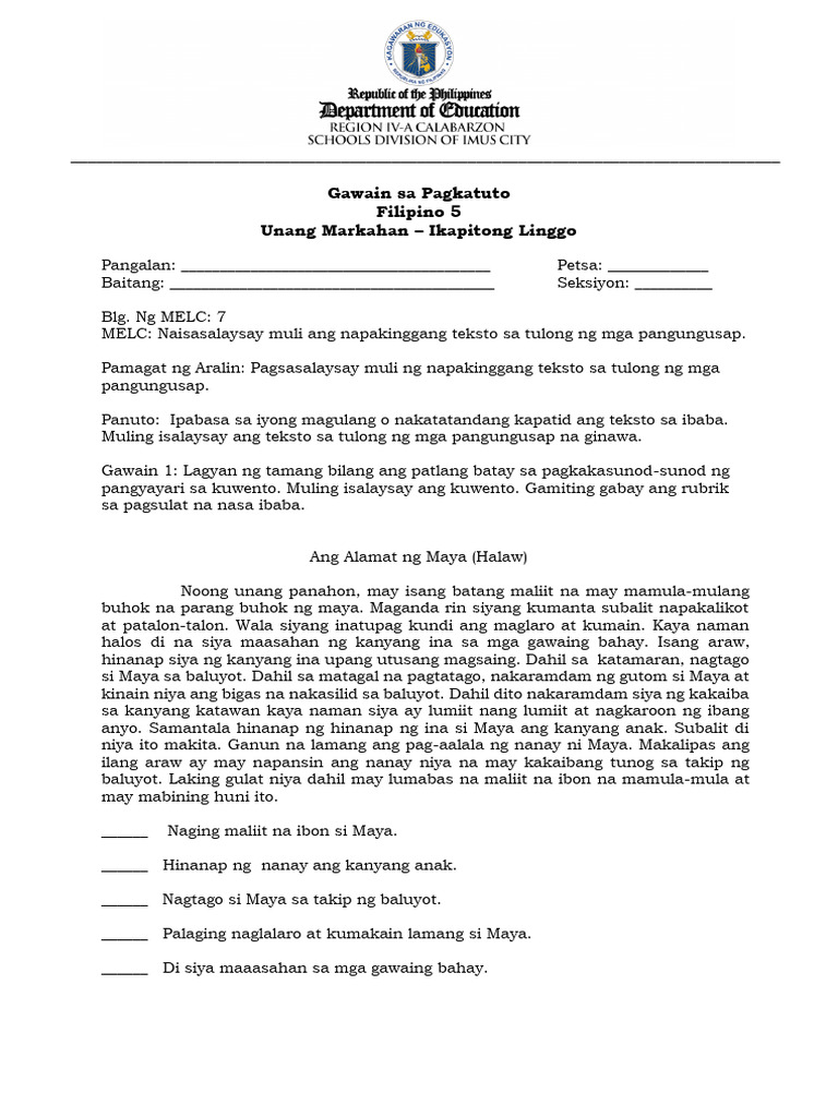 Gawain Sa Pagkatuto Filipino 5 Unang Markahan - Ikapitong Linggo | PDF