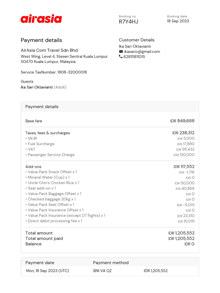 Customer Payment Summary for Booking R7Y4HJ | PDF | Fee | Market ...
