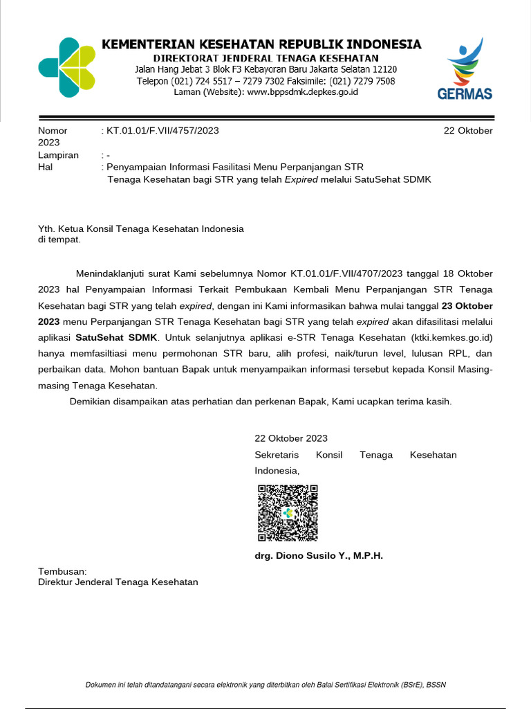 Surat Penyampaian Informasi Fasilitasi Menu Perpanjangan MLL SatuSehat ...