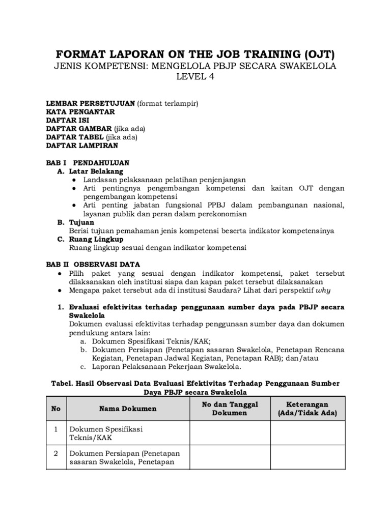Format Laporan Ojt Jf Madya 2023 Jk 4 Mengelola Pbjp Secara Swakelola