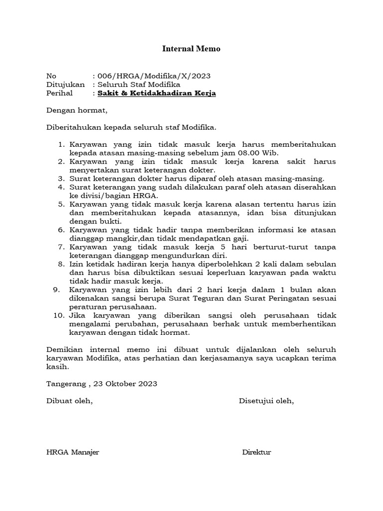 Internal Memo PP. Sakit & Izin Ketidak Hadiran 006-10-23 | PDF