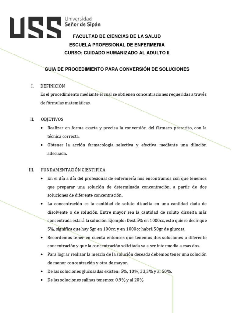 Guia de Procedimiento Conversion de Soluciones | PDF | Concentración | Enfermería