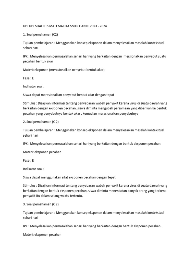 Kisi Kisi Soal Pts MTK SMT Ganjik 2023-2024 - Wps Office | PDF
