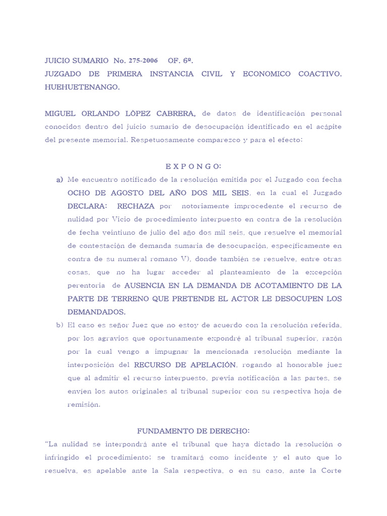 Apelación en Juicio Sumario Civil | PDF | Apelación | Sentencia (ley)