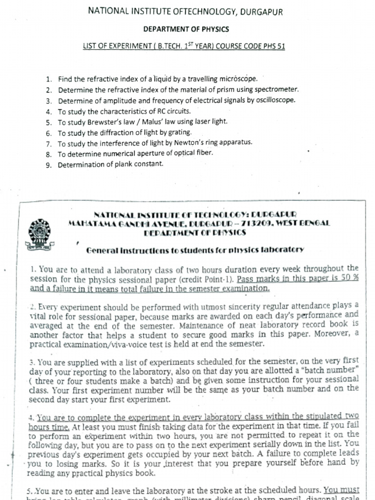 NITDGP Semester 1 Engineering Physics Experiments | PDF