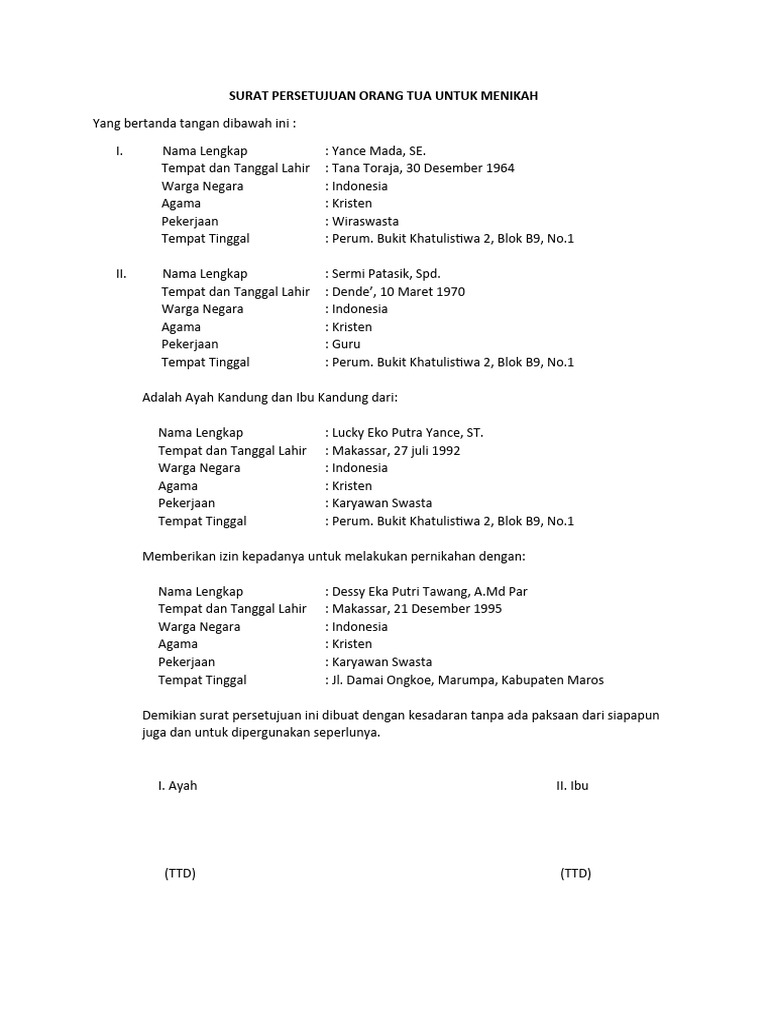 Surat Persetujuan Orang Tua Untuk Menikah | PDF Surat Persetujuan Orang Tua Untuk Menikah | PDF