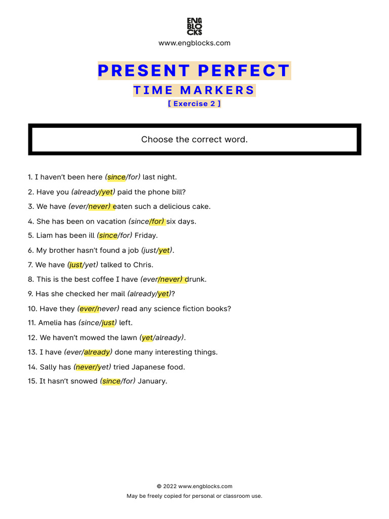 Present Perfect Time Markers Exercise 2 1 | PDF