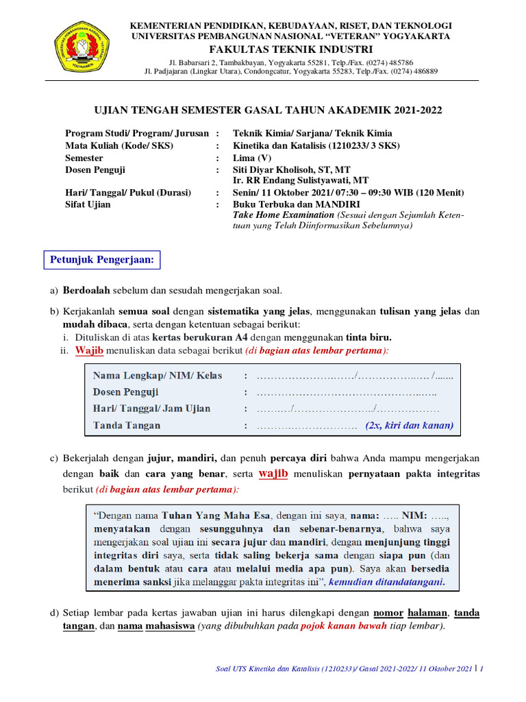 Soal UTS Kinetika Dan Katalisis - Gasal 2021-2022 - 11 Oktober 2021 | PDF