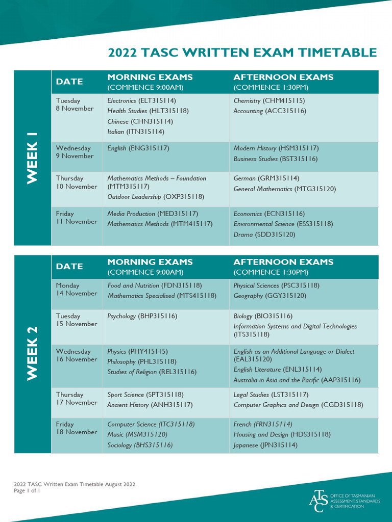 2022 TASC Written Exam Timetable | PDF | Science & Mathematics