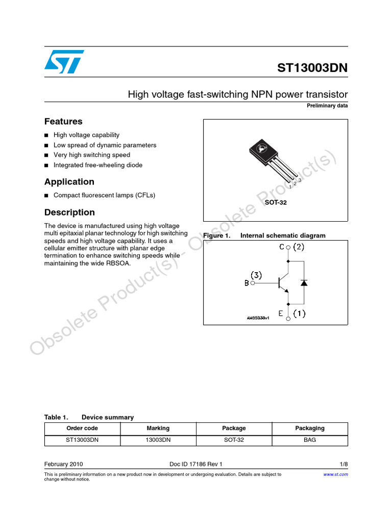 ST 13003 DN | PDF | Bipolar Junction Transistor | Compact Fluorescent Lamp
