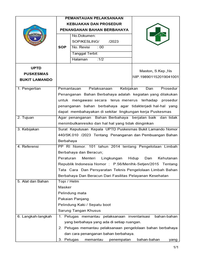 Sop Pemantauan Pelaksanaan Kebijakan Dan Prosedur Penanganan Bahan Berbahaya | PDF