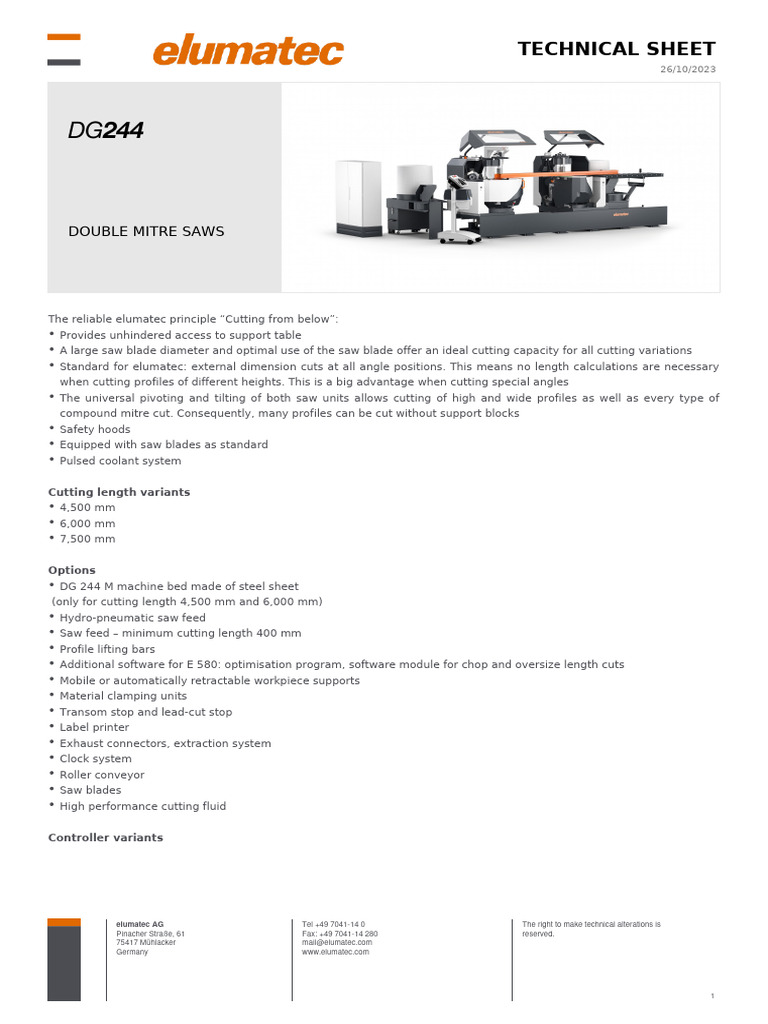 Technical Sheet - DG 244 - Elumatec | PDF | Manufactured Goods | Equipment