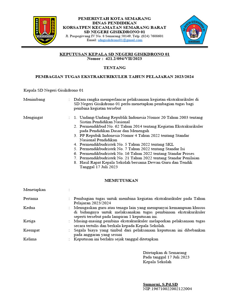 SK Ekstrakurikuler 2023-2024 | PDF