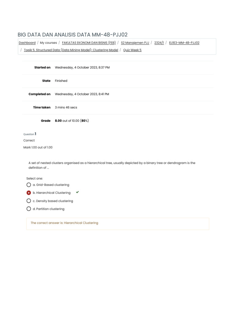 Quiz Week 5 - Attempt Review | PDF | Cluster Analysis | Statistical Classification