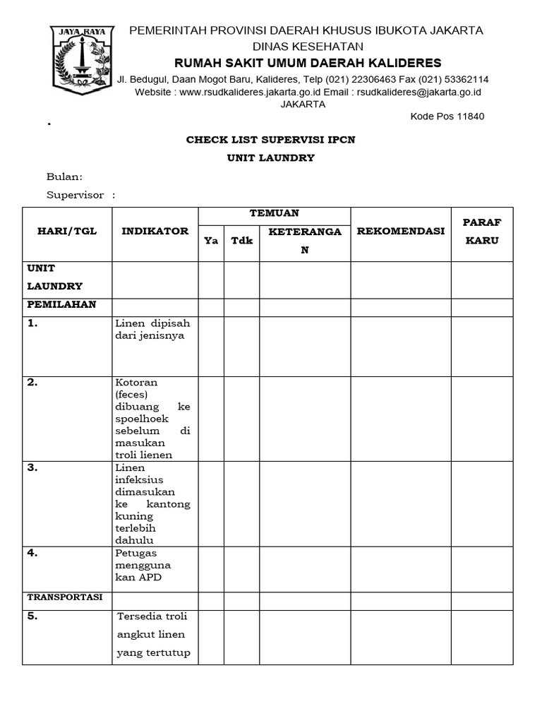 Checklist Supervisi Unit Laundry RSUD Kalideres | PDF