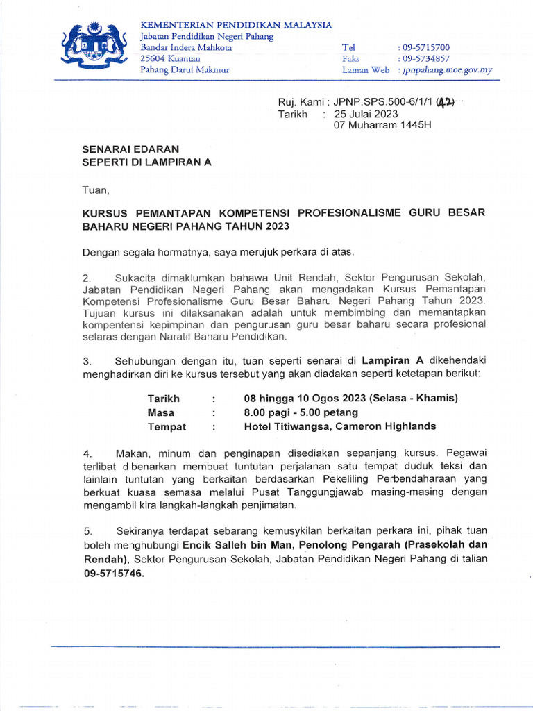 Surat Kursus Pemantapan Kompetensi Pfofesionalisme Guru Besar Baharu | PDF