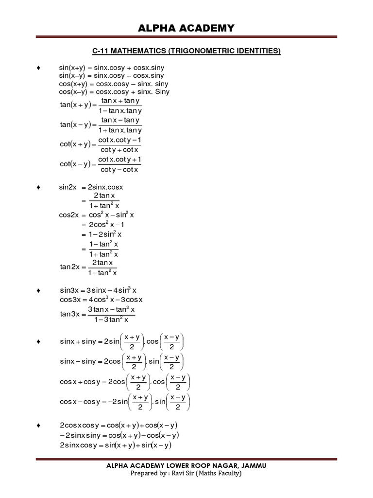 C11 Trigonometric Functions (Formula Sheet) | PDF
