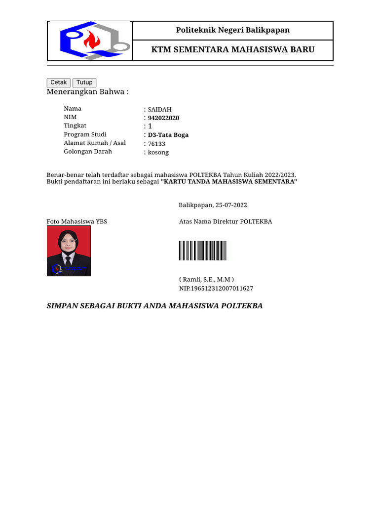 Form KTM Sementara | PDF