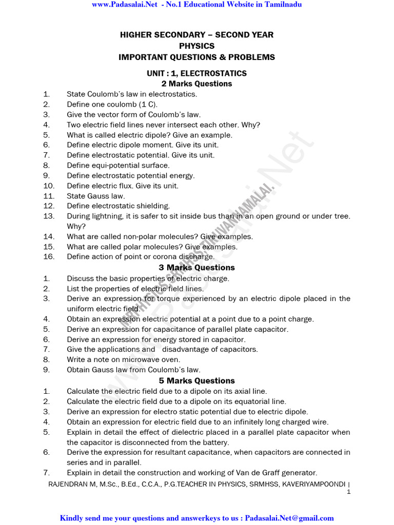 12th Physics EM Important Questions With Solutions English Mediu | PDF ...