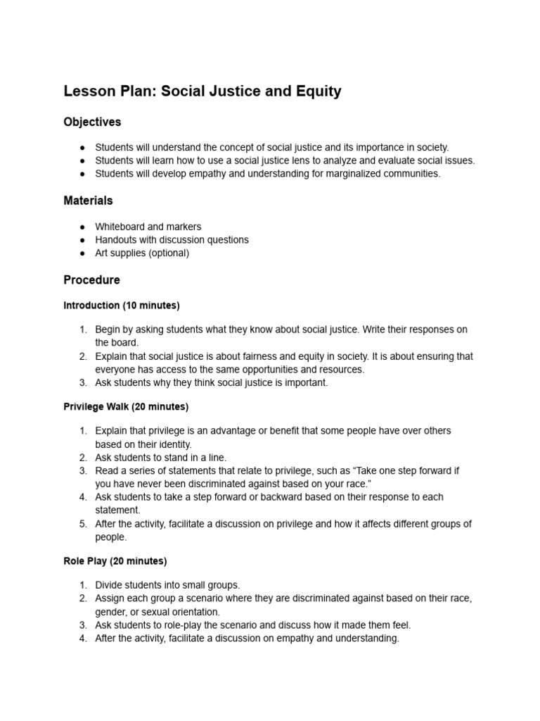 Lesson Plan - Social Justice and Equity | PDF | Lesson Plan | Social ...