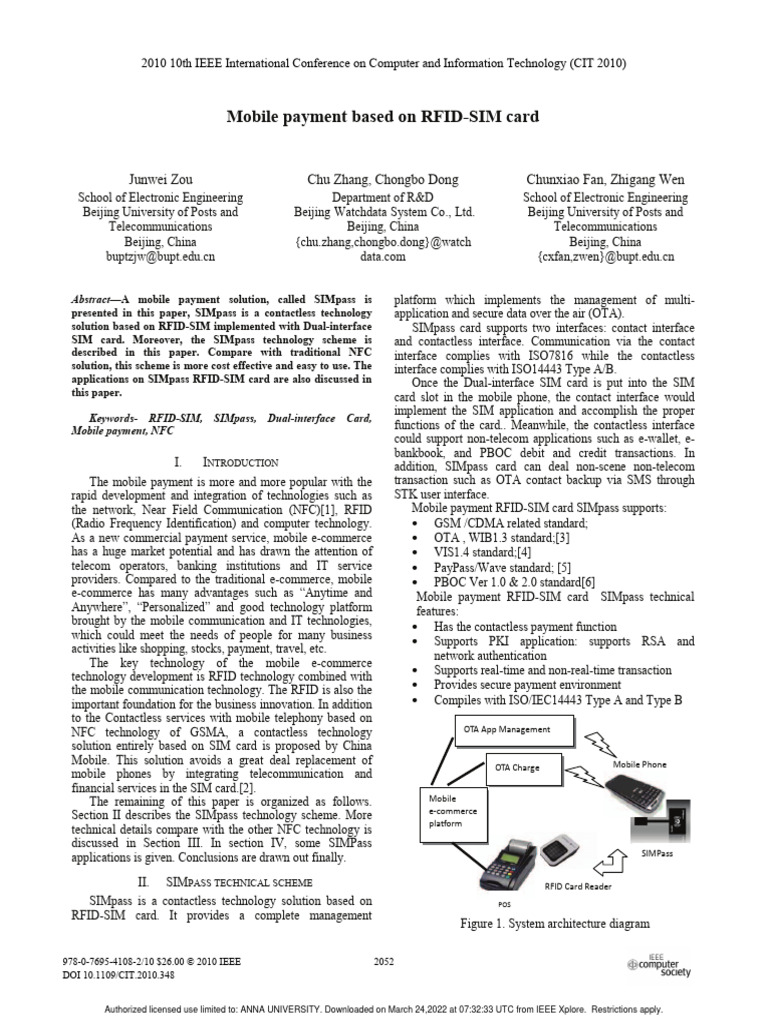 Mobile Payment Based On RFID-SIM Card | PDF | Technology & Engineering