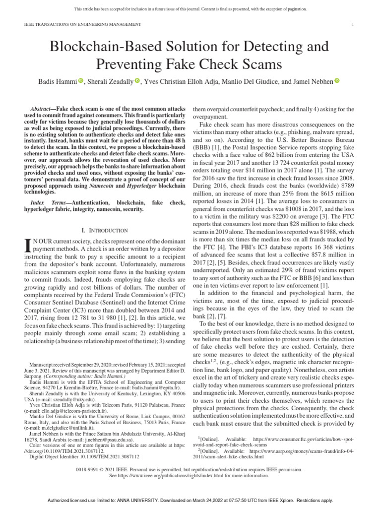 Blockchain-Based Solution For Detecting and Preventing Fake Check Scams | PDF