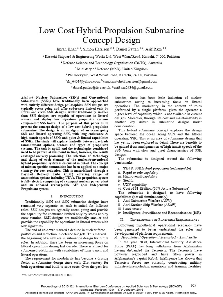 Low Cost Hybrid Propulsion Submarine Concept Design | PDF | Submarines | Sonar