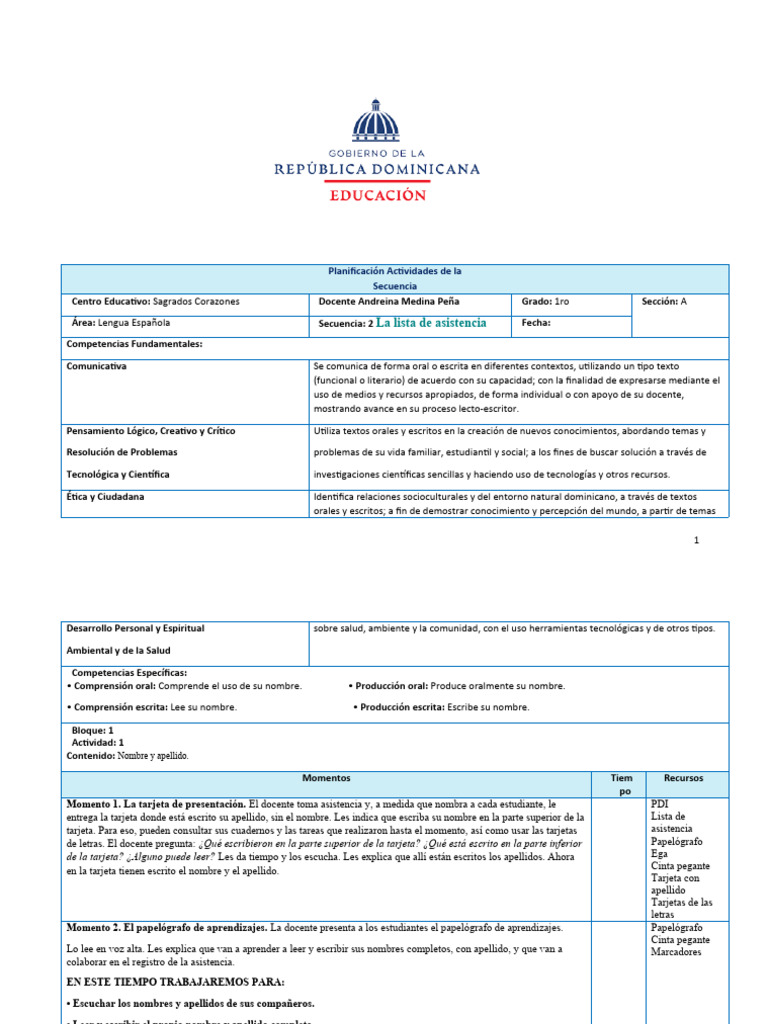 2da Secuencia de Lengua Española de 1ro A | PDF | Vocal | Alfabeto