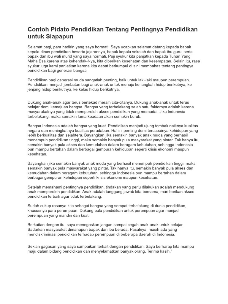 Contoh Pidato Pendidikan Tentang Pentingnya Pendidikan Untuk Siapapun | PDF